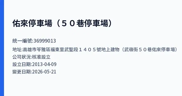 佑來停車場(50巷停車場)的照片-統編 36999013(高雄市) 公司登記資料與營業項目詳細圖表