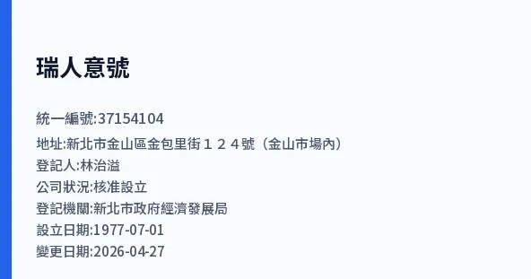 瑞人意號的照片-統編 37154104(新北市) 公司登記資料與營業項目詳細圖表
