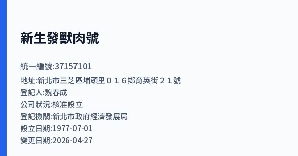 新生發獸肉號的照片-統編 37157101(新北市) 公司登記資料與營業項目詳細圖表