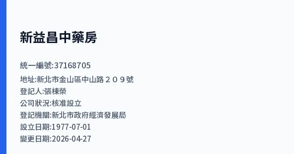 新益昌中藥房的照片-統編 37168705(新北市) 公司登記資料與營業項目詳細圖表