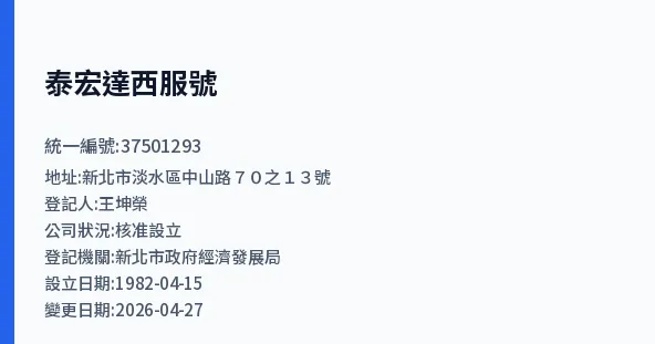 泰宏達西服號的照片-統編 37501293(新北市) 公司登記資料與營業項目詳細圖表