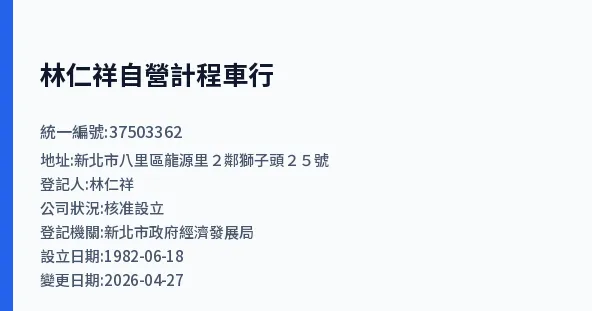 林仁祥自營計程車行的照片-統編 37503362(新北市) 公司登記資料與營業項目詳細圖表