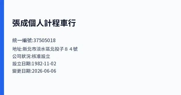 張成個人計程車行的照片-統編 37505018(新北市) 公司登記資料與營業項目詳細圖表