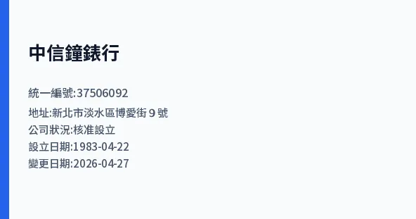 中信鐘錶行的照片-統編 37506092(新北市) 公司登記資料與營業項目詳細圖表