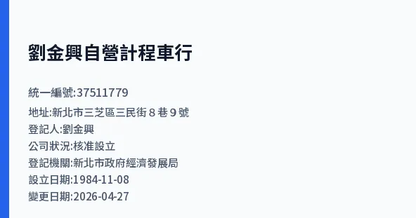 劉金興自營計程車行的照片-統編 37511779(新北市) 公司登記資料與營業項目詳細圖表