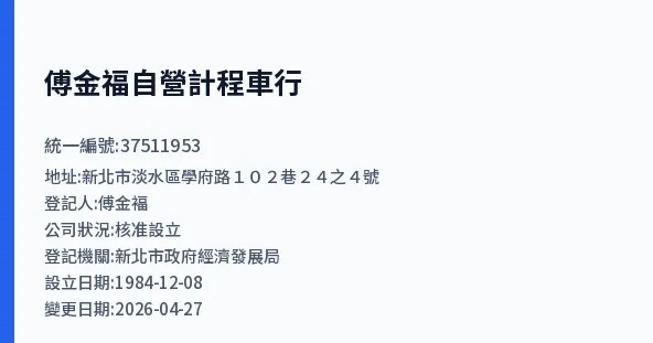 傅金福自營計程車行的照片-統編 37511953(新北市) 公司登記資料與營業項目詳細圖表