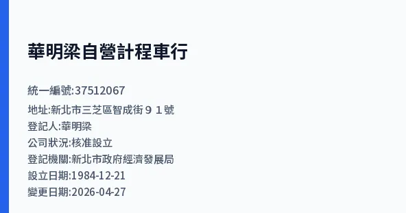 華明梁自營計程車行的照片-統編 37512067(新北市) 公司登記資料與營業項目詳細圖表