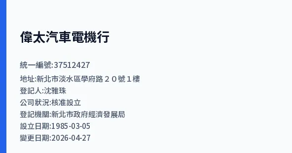 偉太汽車電機行的照片-統編 37512427(新北市) 公司登記資料與營業項目詳細圖表