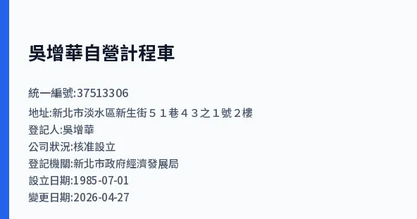 吳增華自營計程車的照片-統編 37513306(新北市) 公司登記資料與營業項目詳細圖表