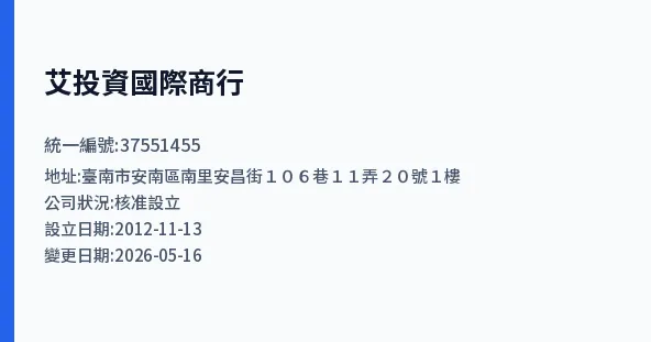 艾投資國際商行的照片-統編 37551455(臺南市) 公司登記資料與營業項目詳細圖表