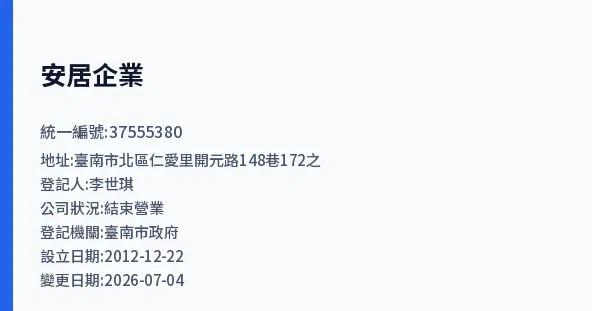 安居企業的照片-統編 37555380(臺南市) 公司登記資料與營業項目詳細圖表