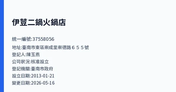 伊荳二鍋火鍋店的照片-統編 37558056(臺南市) 公司登記資料與營業項目詳細圖表