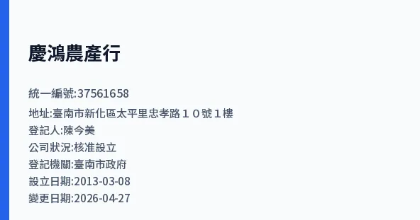 慶鴻農產行的照片-統編 37561658(臺南市) 公司登記資料與營業項目詳細圖表