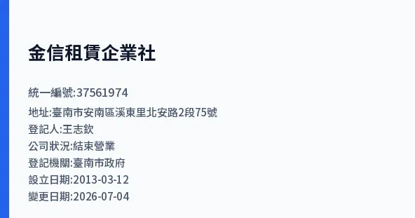 金信租賃企業社的照片-統編 37561974(臺南市) 公司登記資料與營業項目詳細圖表