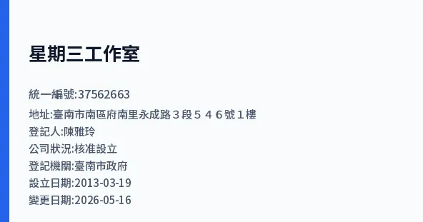 星期三工作室的照片-統編 37562663(臺南市) 公司登記資料與營業項目詳細圖表
