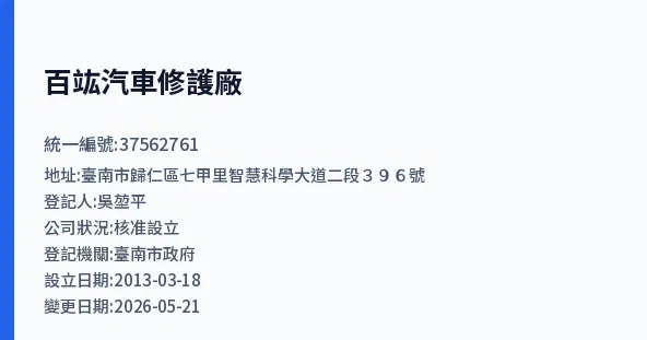 百竑汽車修護廠的照片-統編 37562761(臺南市) 公司登記資料與營業項目詳細圖表