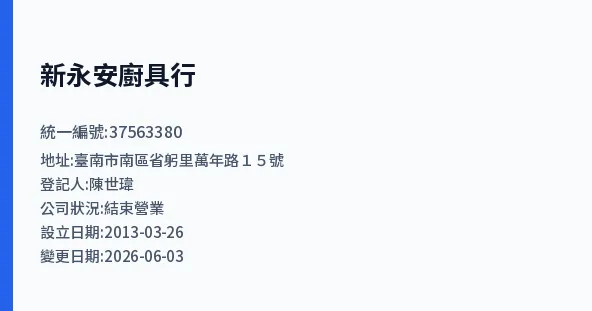 新永安廚具行的照片-統編 37563380(臺南市) 公司登記資料與營業項目詳細圖表