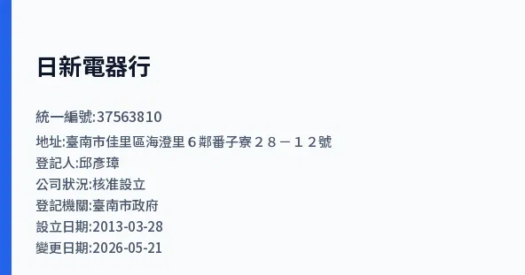 日新電器行的照片-統編 37563810(臺南市) 公司登記資料與營業項目詳細圖表