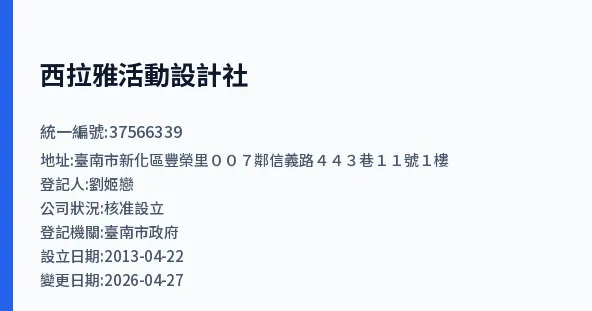西拉雅活動設計社的照片-統編 37566339(臺南市) 公司登記資料與營業項目詳細圖表