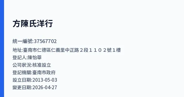 方陳氏洋行的照片-統編 37567702(臺南市) 公司登記資料與營業項目詳細圖表