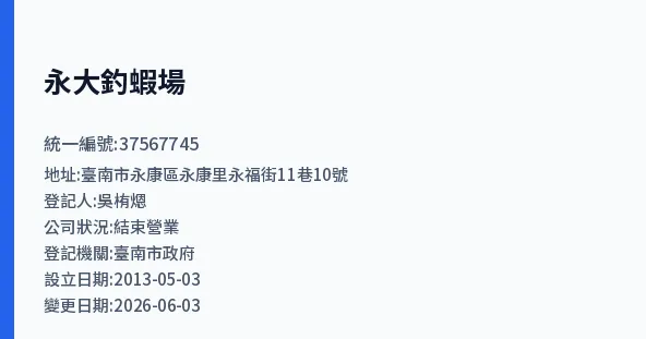 永大釣蝦場的照片-統編 37567745(臺南市) 公司登記資料與營業項目詳細圖表