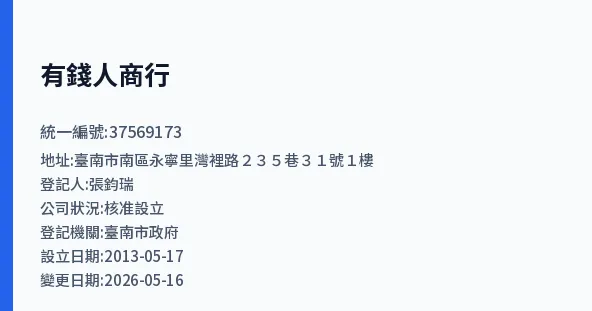 有錢人商行的照片-統編 37569173(臺南市) 公司登記資料與營業項目詳細圖表