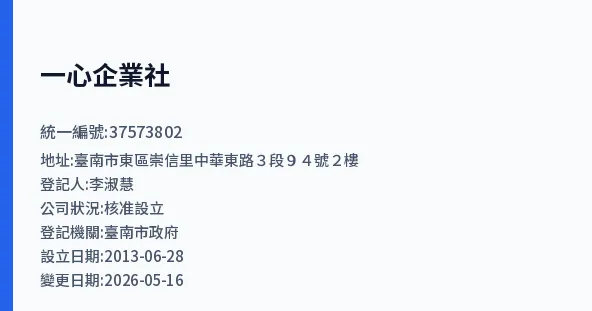 一心企業社的照片-統編 37573802(臺南市) 公司登記資料與營業項目詳細圖表