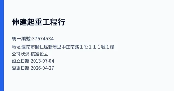 伸建起重工程行的照片-統編 37574534(臺南市) 公司登記資料與營業項目詳細圖表