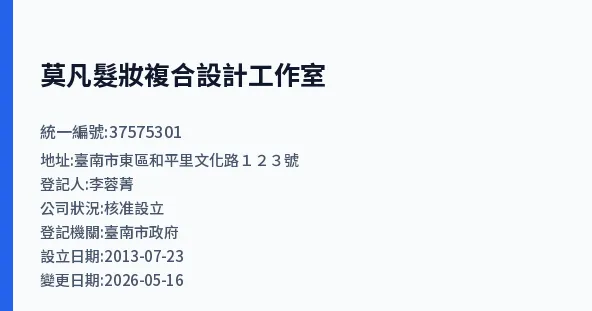 莫凡髮妝複合設計工作室的照片-統編 37575301(臺南市) 公司登記資料與營業項目詳細圖表