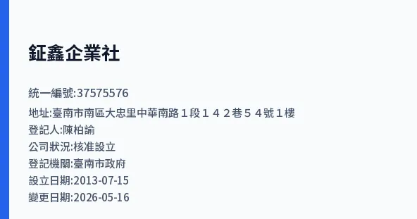 鉦鑫企業社的照片-統編 37575576(臺南市) 公司登記資料與營業項目詳細圖表