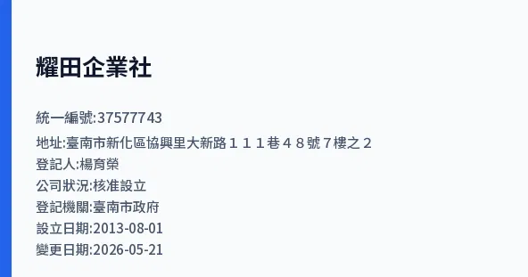 耀田企業社的照片-統編 37577743(臺南市) 公司登記資料與營業項目詳細圖表