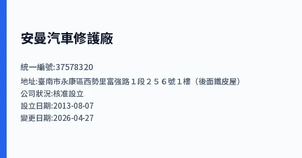 安曼汽車修護廠的照片-統編 37578320(臺南市) 公司登記資料與營業項目詳細圖表
