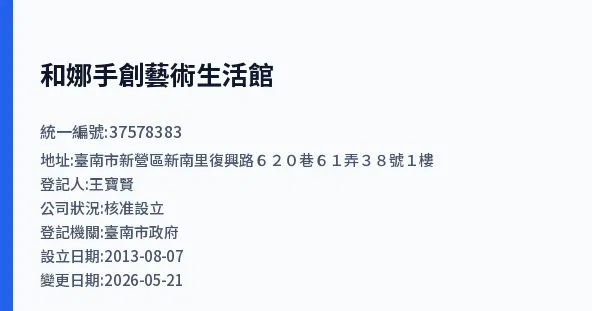和娜手創藝術生活館的照片-統編 37578383(臺南市) 公司登記資料與營業項目詳細圖表