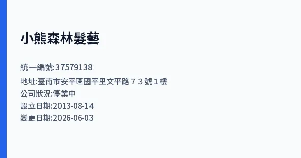 小熊森林髮藝的照片-統編 37579138(臺南市) 公司登記資料與營業項目詳細圖表