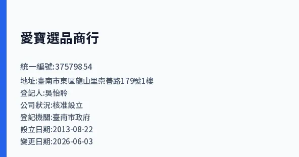 愛寶選品商行的照片-統編 37579854(臺南市) 公司登記資料與營業項目詳細圖表