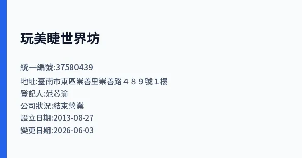 玩美睫世界坊的照片-統編 37580439(臺南市) 公司登記資料與營業項目詳細圖表