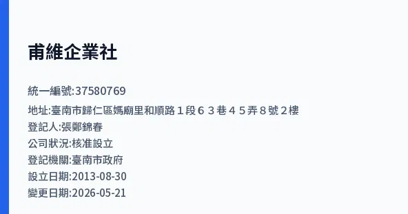 甫維企業社的照片-統編 37580769(臺南市) 公司登記資料與營業項目詳細圖表