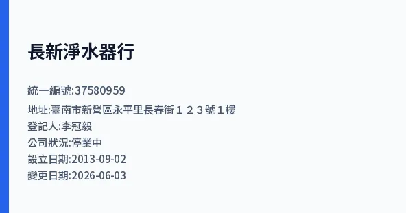 長新淨水器行的照片-統編 37580959(臺南市) 公司登記資料與營業項目詳細圖表