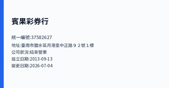 賓果彩券行的照片-統編 37582627(臺南市) 公司登記資料與營業項目詳細圖表