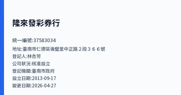 隆來發彩券行的照片-統編 37583034(臺南市) 公司登記資料與營業項目詳細圖表