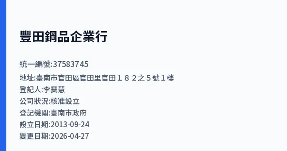 豐田鋼品企業行的照片-統編 37583745(臺南市) 公司登記資料與營業項目詳細圖表