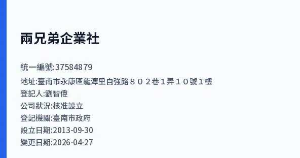 兩兄弟企業社的照片-統編 37584879(臺南市) 公司登記資料與營業項目詳細圖表