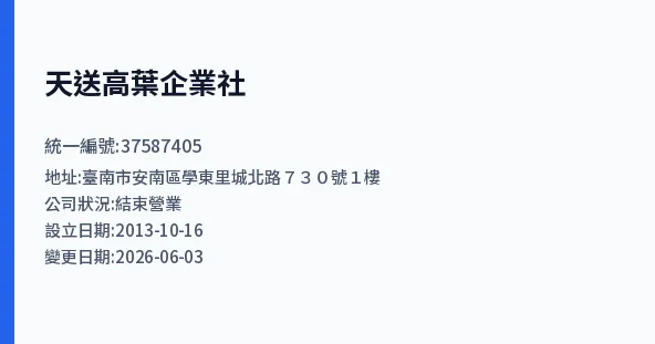 天送高葉企業社的照片-統編 37587405(臺南市) 公司登記資料與營業項目詳細圖表