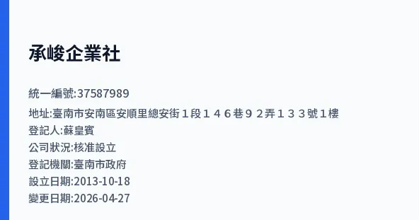 承峻企業社的照片-統編 37587989(臺南市) 公司登記資料與營業項目詳細圖表
