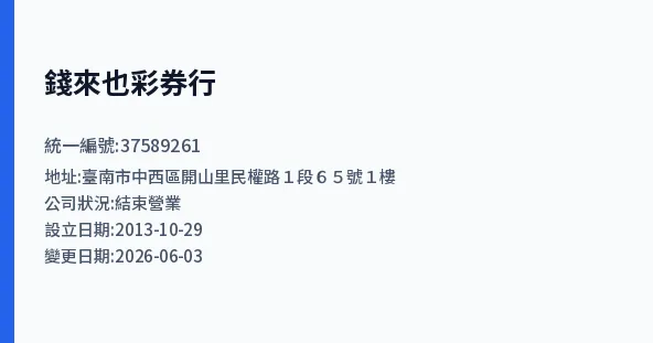 錢來也彩券行的照片-統編 37589261(臺南市) 公司登記資料與營業項目詳細圖表