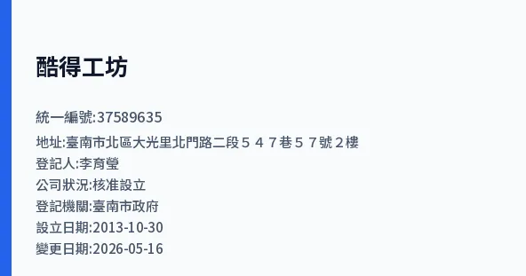 酷得工坊的照片-統編 37589635(臺南市) 公司登記資料與營業項目詳細圖表