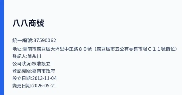 八八商號的照片-統編 37590062(臺南市) 公司登記資料與營業項目詳細圖表