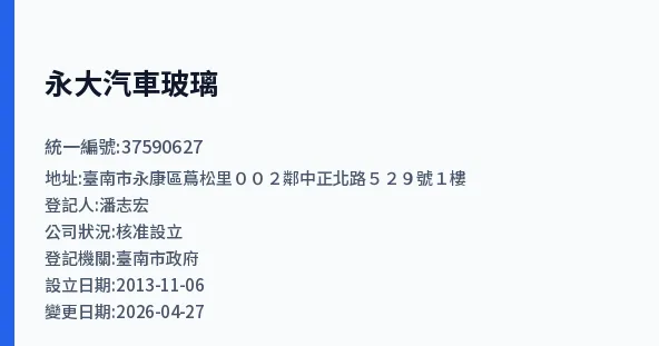 永大汽車玻璃的照片-統編 37590627(臺南市) 公司登記資料與營業項目詳細圖表