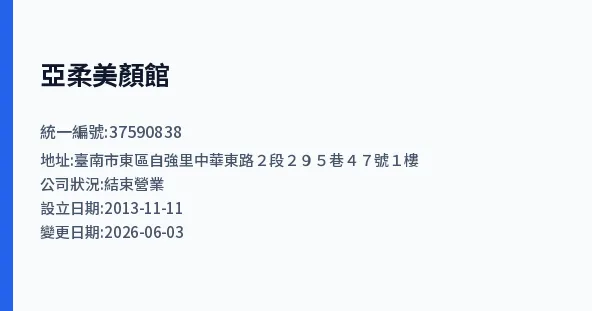亞柔美顏館的照片-統編 37590838(臺南市) 公司登記資料與營業項目詳細圖表