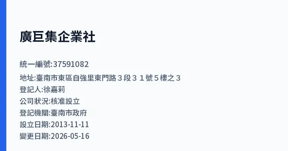 廣巨集企業社的照片-統編 37591082(臺南市) 公司登記資料與營業項目詳細圖表